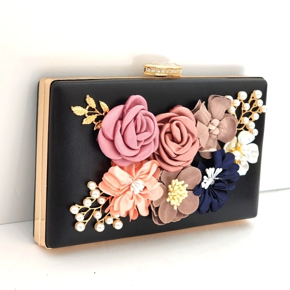 Bags | Womens Black Leather Satin Flowers Evening Clutch Bag | Poshmark